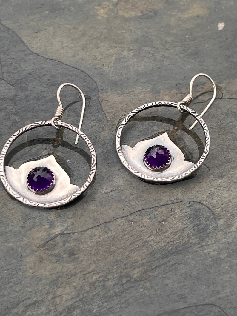 Amethyst and Lotus Flower Sterling Silver Stamped Hoop Earrings - Etsy