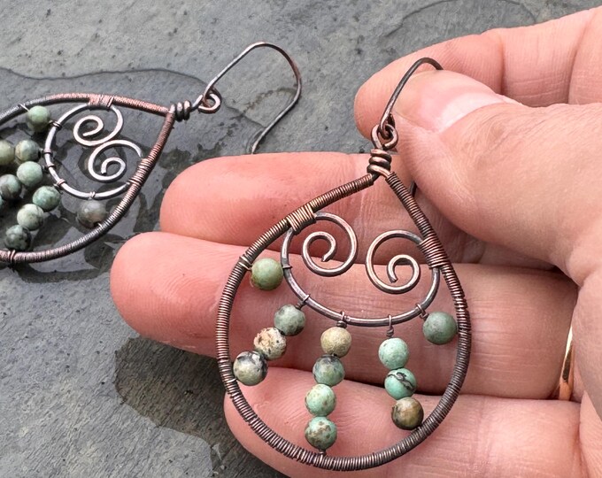 Copper and Turquoise Wire Wrapped Tear Drop Hoops - Etsy