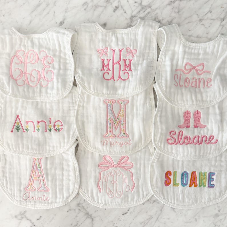 Custom Embroidered Baby Girl Muslin Bibs and Burp Cloths, Monogrammed ...