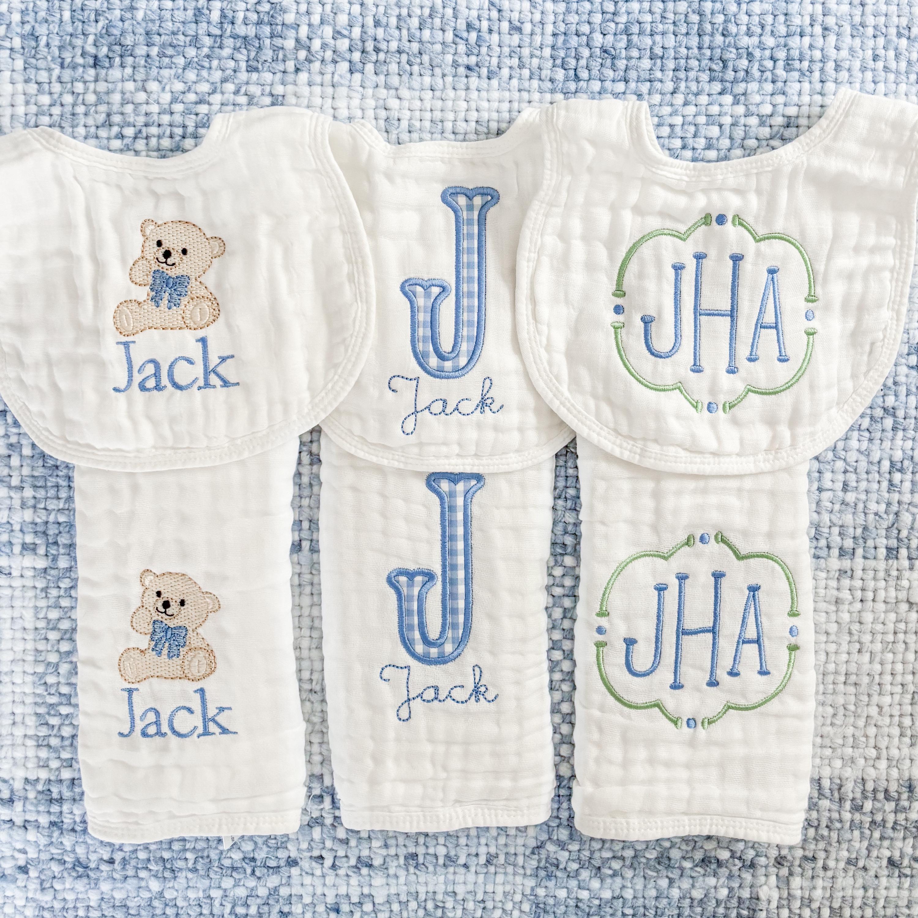 Baby Boy Custom Embroidered and Appliqué Muslin Bibs and Burp Cloths ...