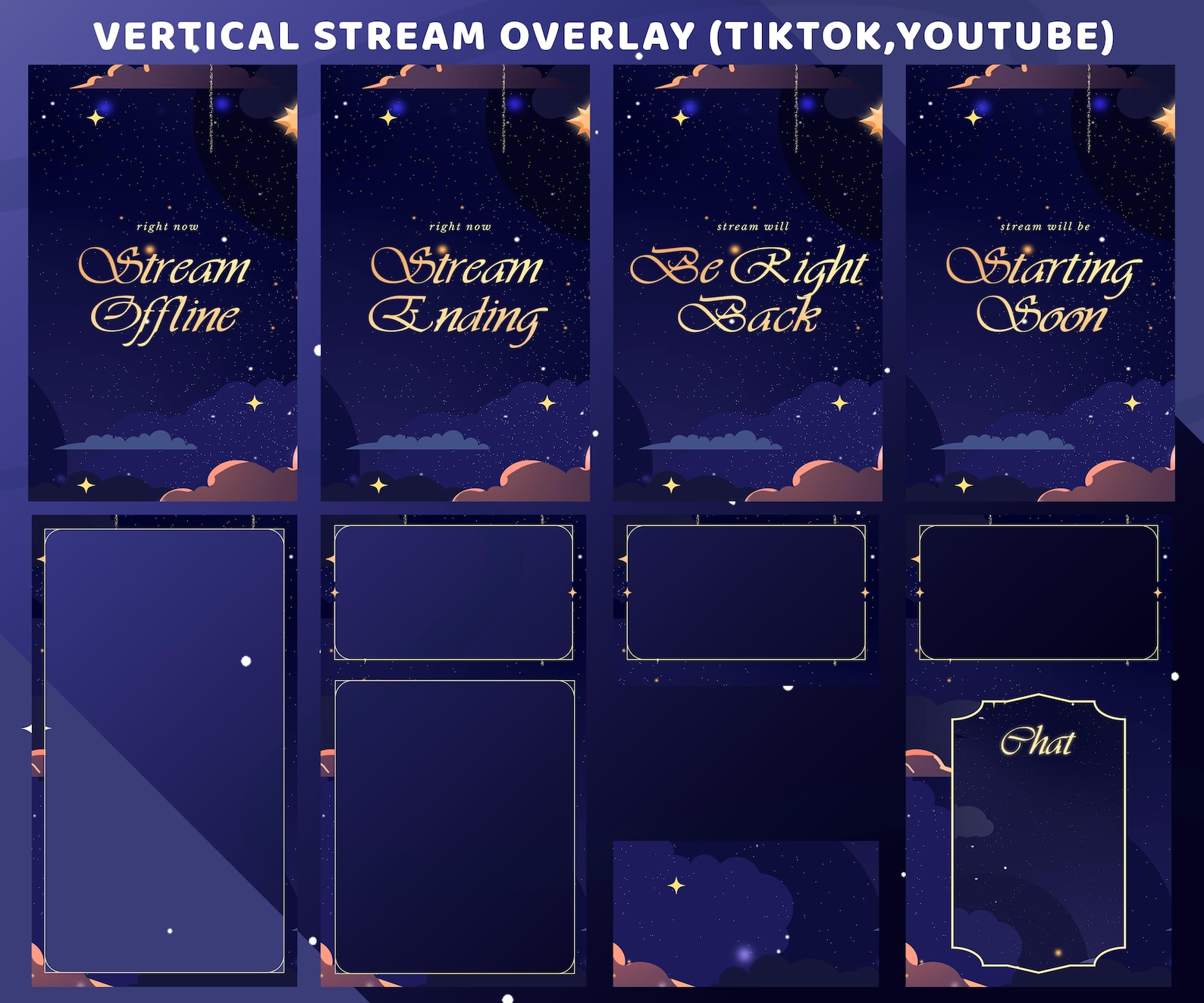 Noctyra Animated Stream Overlay Package for Twitch, Tiktok, Blue Gold ...