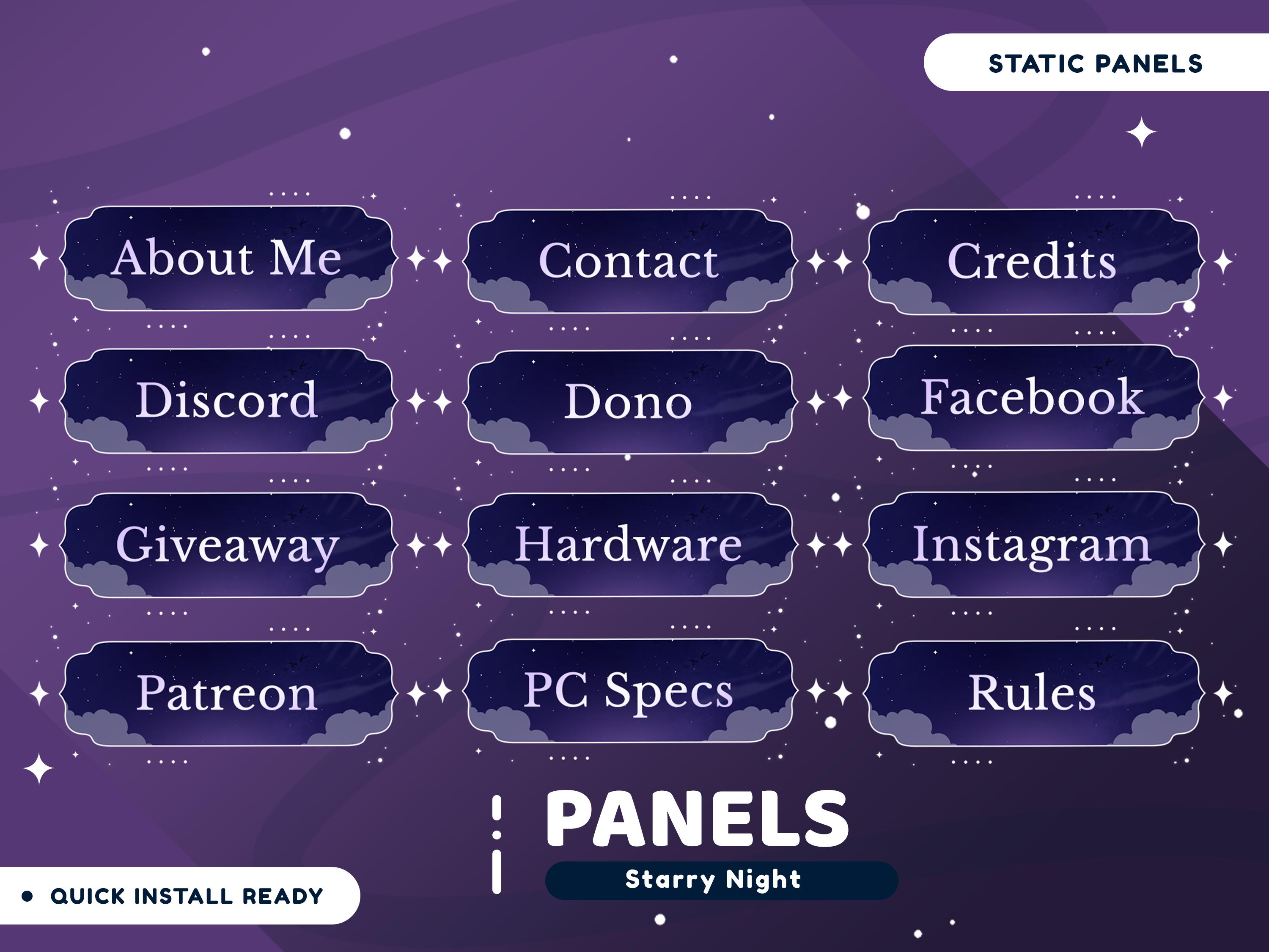 Starry Night Static Stream Panel Package for Twitch, Purple Galaxy ...