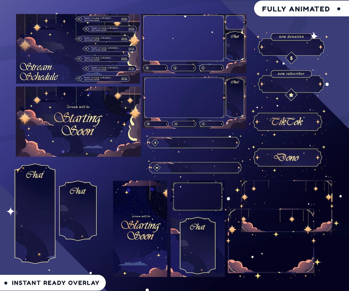 Noctyra Animated Stream Overlay Package for Twitch, Tiktok, Blue Gold ...