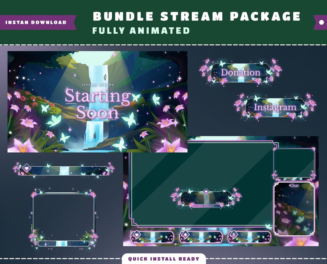 Floral Waterfall Animated Stream Overlay Package for Twitch Bundle ...