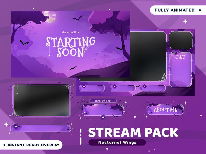 Nocturnal Wings Animated Stream Overlay Package, Purple Night Overlay ...