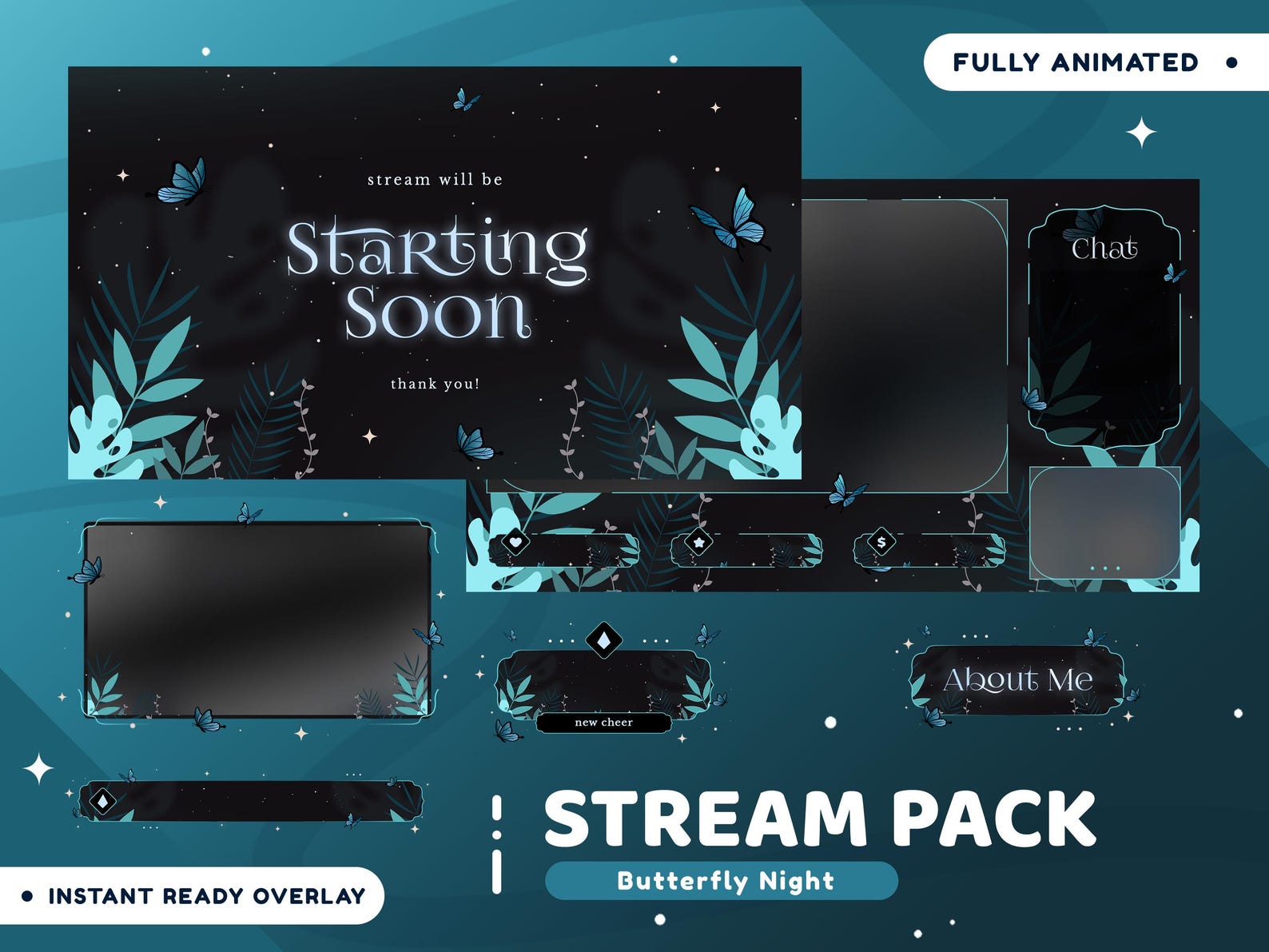 Butterfly Night Animated Stream Overlay Package for Twitch Bundle ...