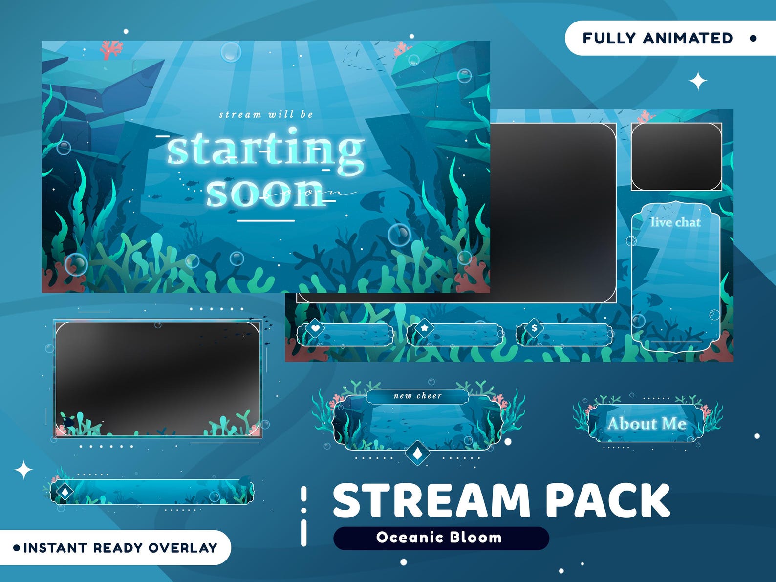 Oceanic Bloom Animated Stream Overlay Package for Twitch Bundle, Twitch ...