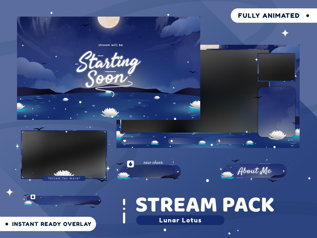 Lunar Lotus Animated Stream Overlay Package for Twitch Bundle, Night ...