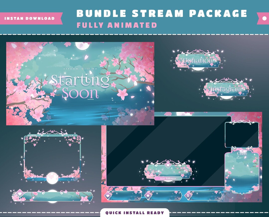Sakura Dream Animated Stream Overlay Package for Twitch Bundle, Pink ...