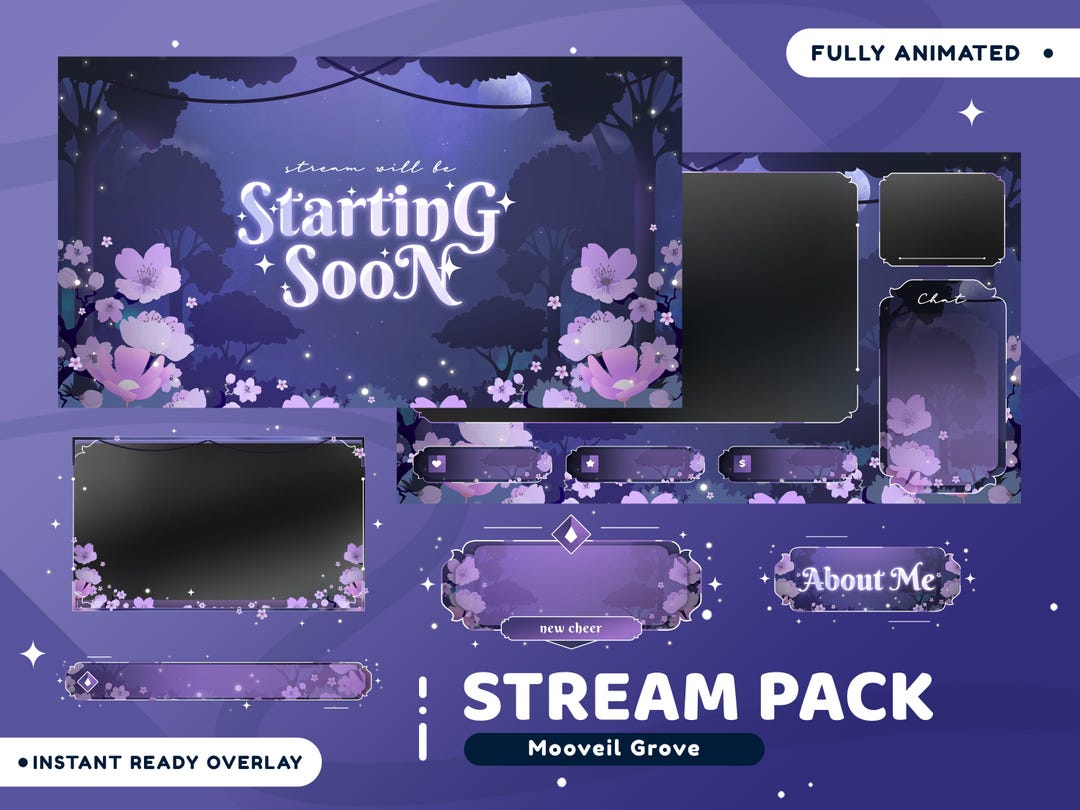 Moonveil Grove Animated Stream Overlay Package for Twitch Bundle, Violet Stream Overlay, Floral ...