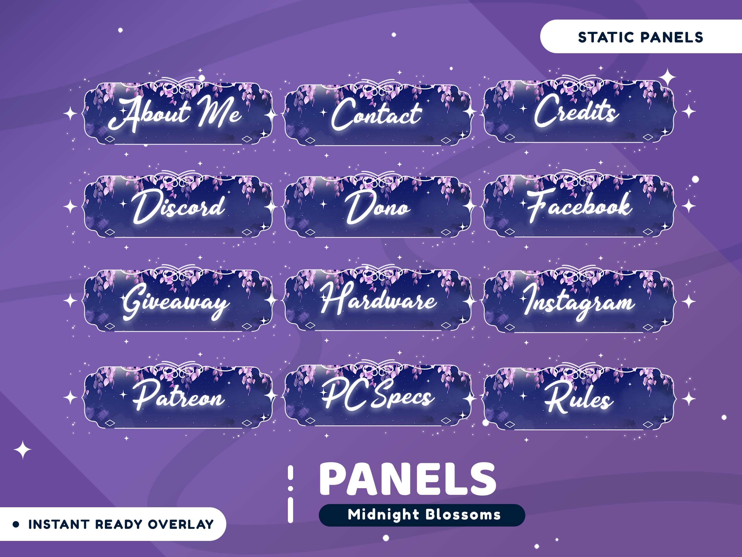 Midnight Blossom Static Stream Panel Package for Twitch, Twitch Panels ...