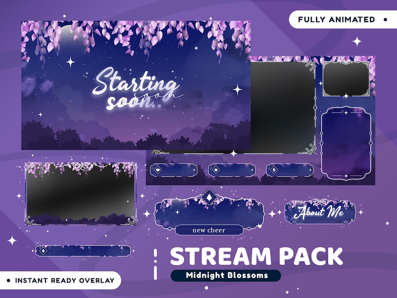 Midnight Blossom Animated Stream Overlay Package for Twitch Bundle ...