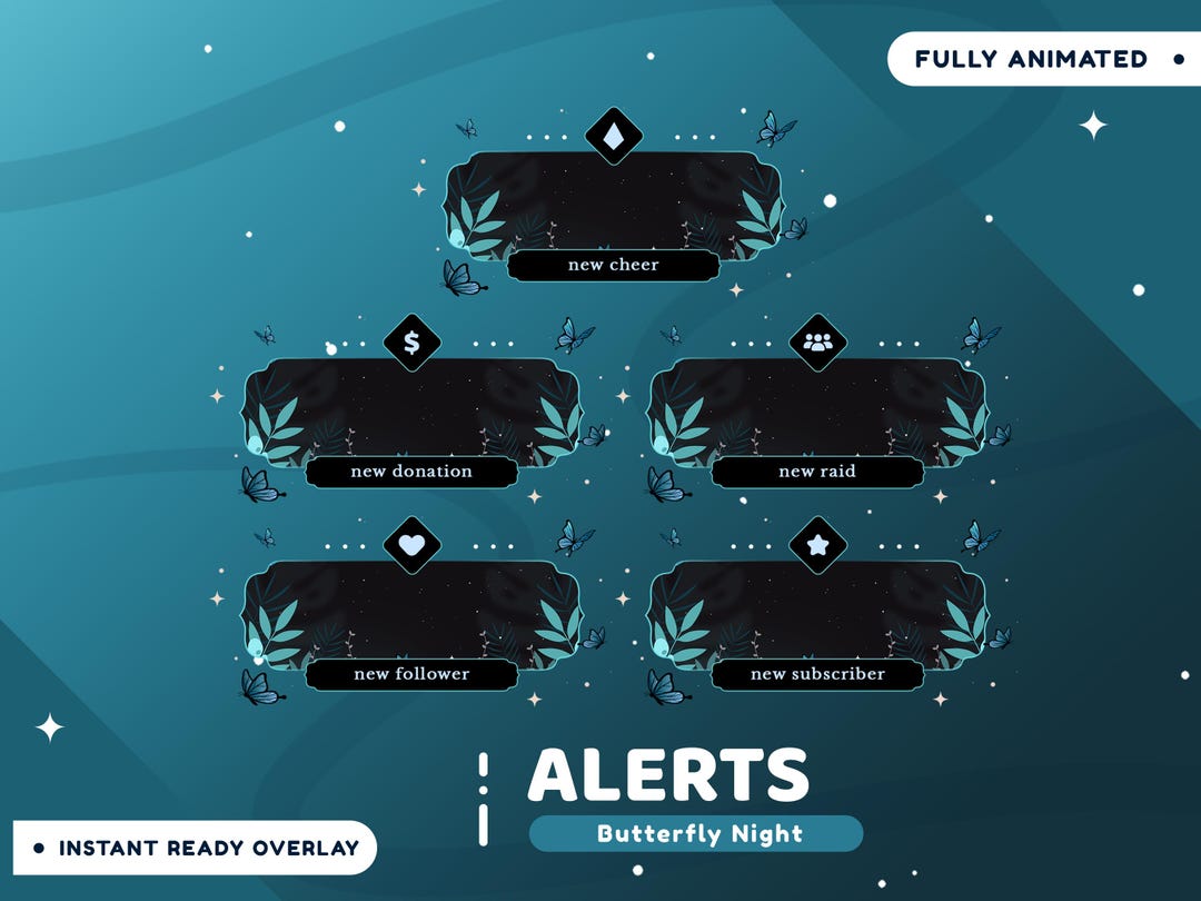 Butterfly Night Animated Stream Alert Package Twitch Bundle, Blue ...