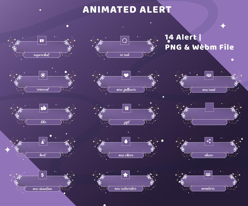 Floral Starlight Animated Stream Alert Package for Twitch, Purple ...