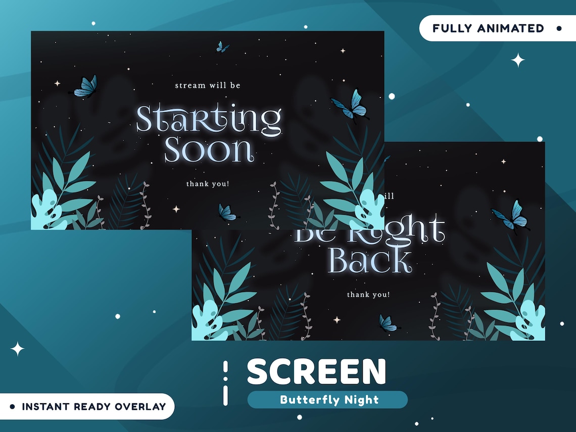 Butterfly Night Animated Stream Overlay Package for Twitch Bundle ...