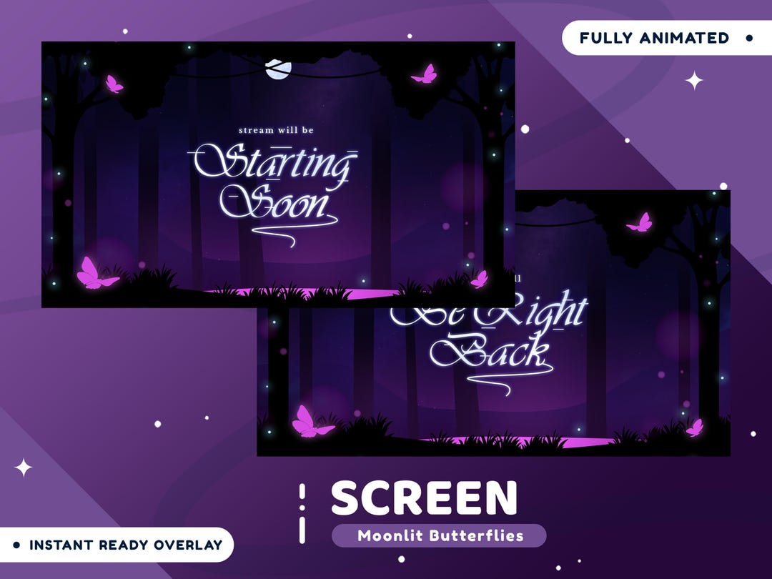 Moonlit Butterflies Animated Stream Screen Package for Twitch, Purple ...