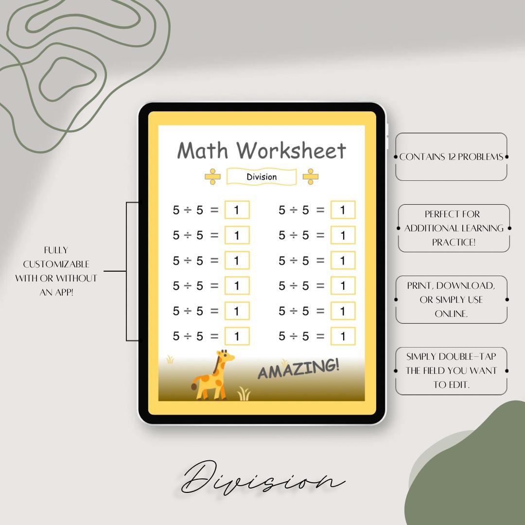 Editable Division Worksheet PDF – Customizable Math Practice for Kids ...