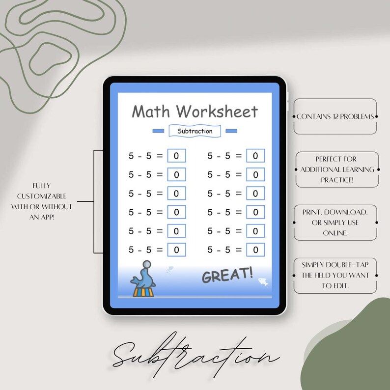 Editable Subtraction Worksheet PDF – Customizable Math Practice for Kids (K-4) - Etsy