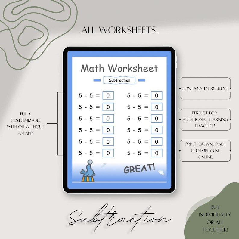 Customizable Math Worksheets Set of 4 PDF – Addition, Subtraction ...