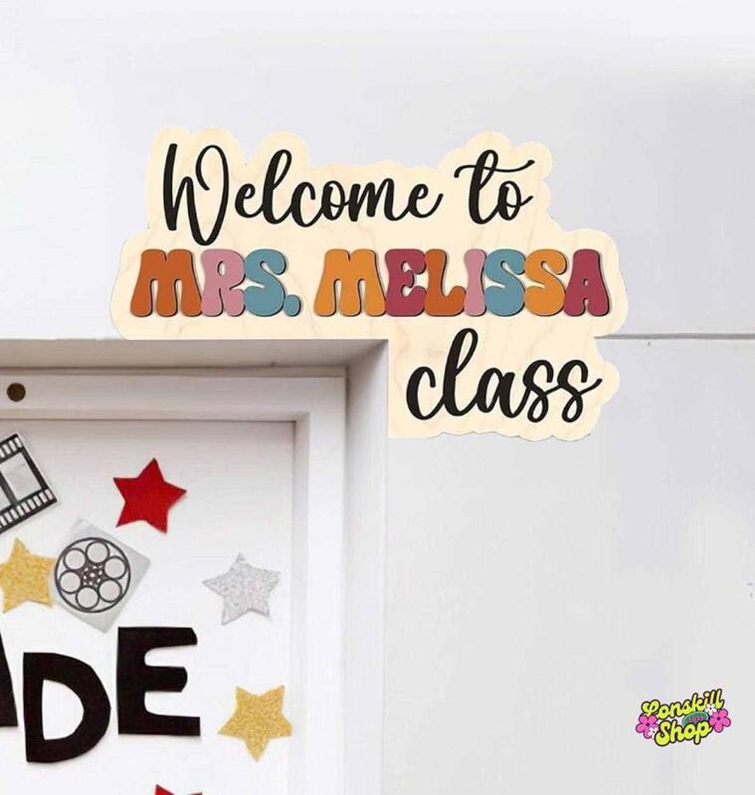 Retro Teacher Name Wall Doorframe Sign, Welcome to Class Sticker Style ...