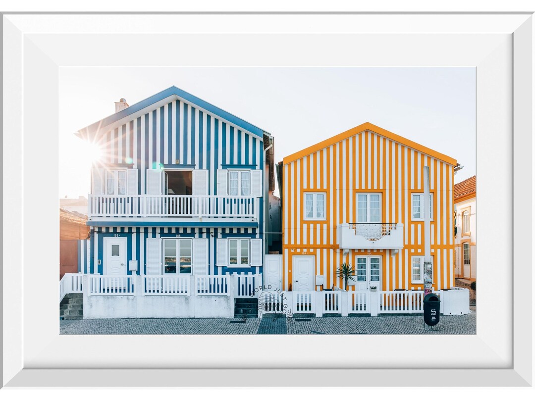 Blue and Yellow Striped Beach Houses in Costa Nova Portugal, Colourful ...