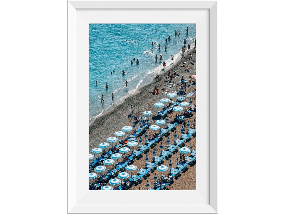 Swimmers at Positano Beach, Positano Blue and White Beach Umbrellas ...