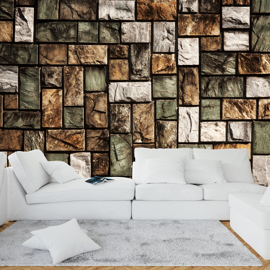 Geometric Colorful Stone Texture Wallpaper, Peel and Stick Stone Look ...