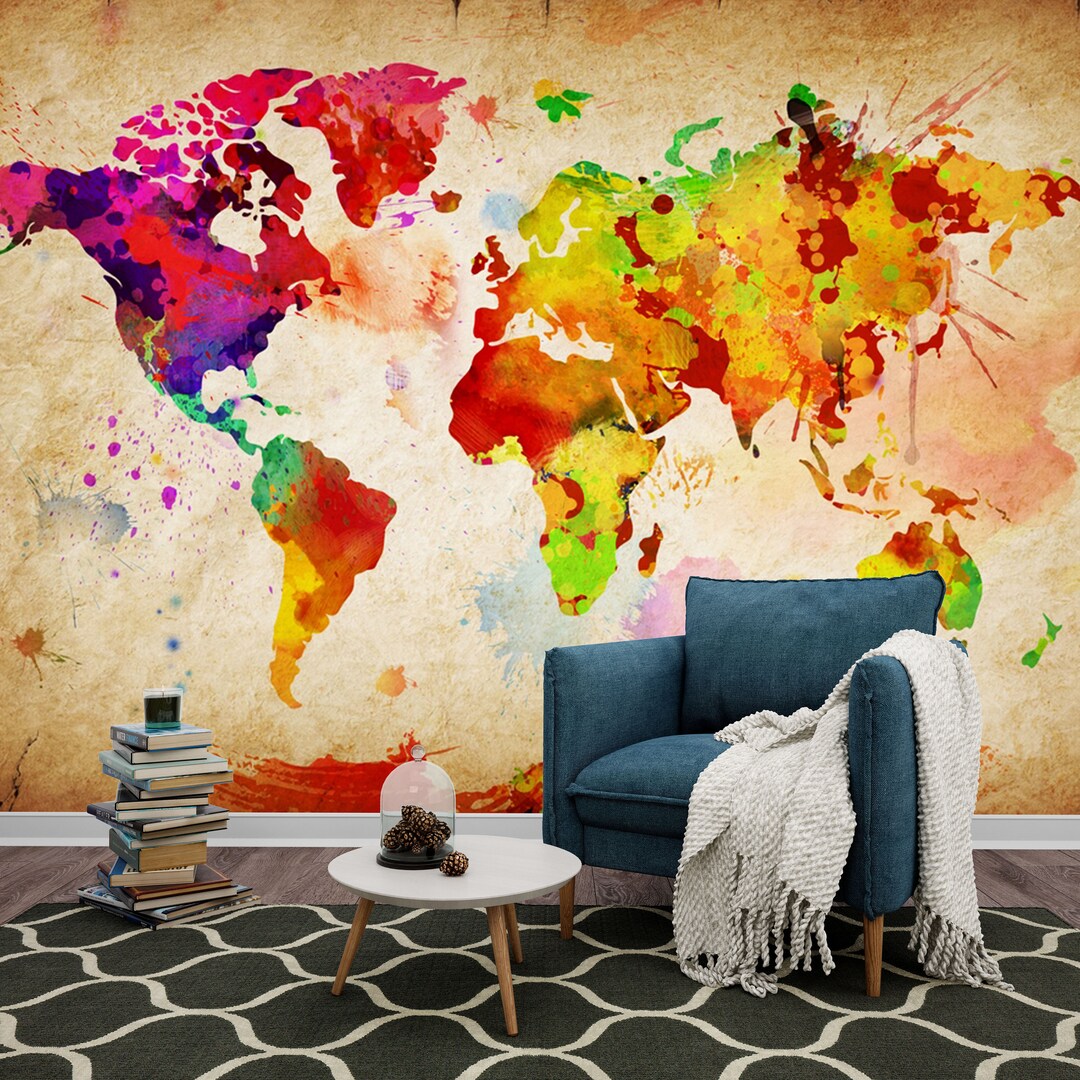Watercolor Abstract Art World Map Wallpaper, Peel and Stick Colorful ...