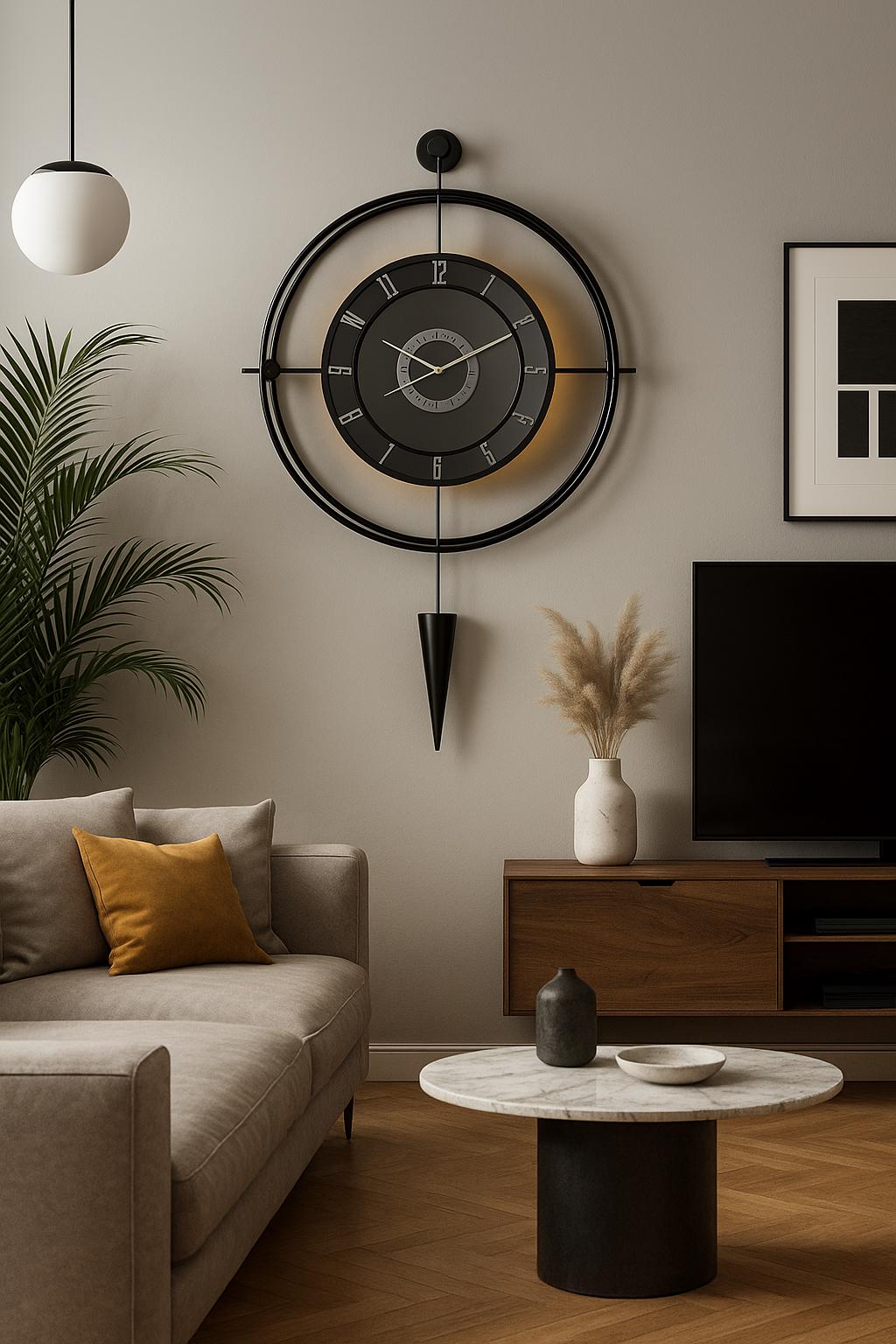 LED Modern Black Metal Wall Clock With Pendulum, Unique Modern Metal ...