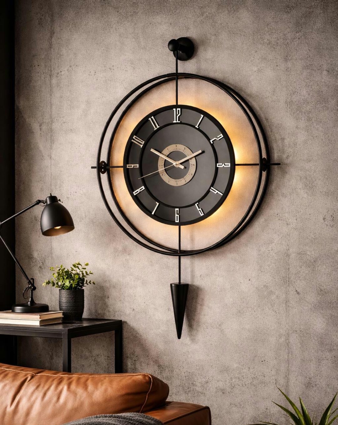 Oversized LED Metal Wall Clock With Pendulum, Large Black Statement ...