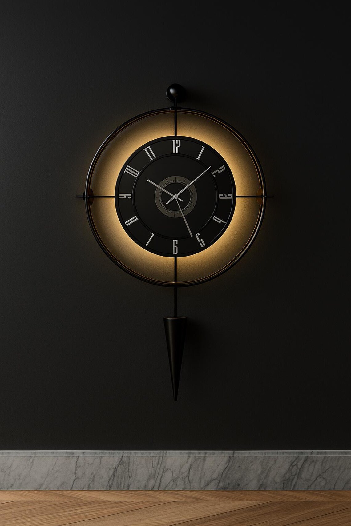 Modern Black Metal LED Wall Clock With Pendulum, Unique Modern Metal ...