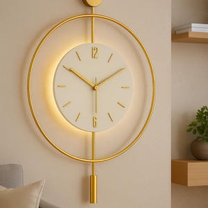 Modern Gold Metal Wall Clock With LED Backlight, Silent Quartz Movement ...
