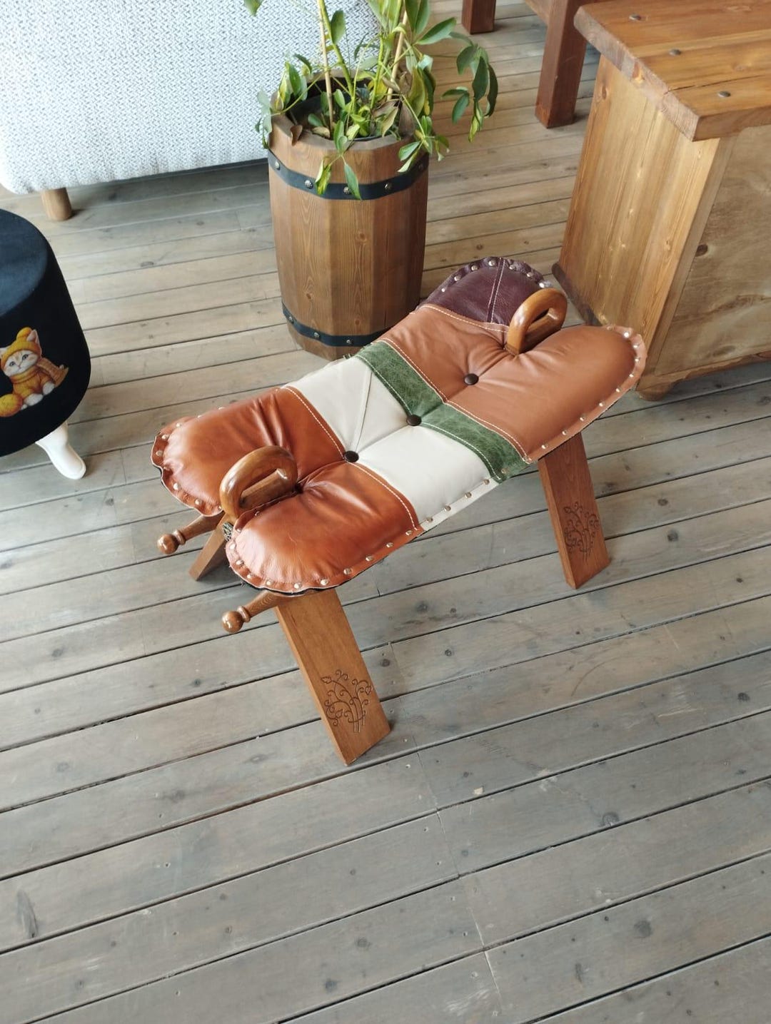 Vintage Rustic Leather Patchwork Stool, Handmade Wooden Ottoman, Retro ...