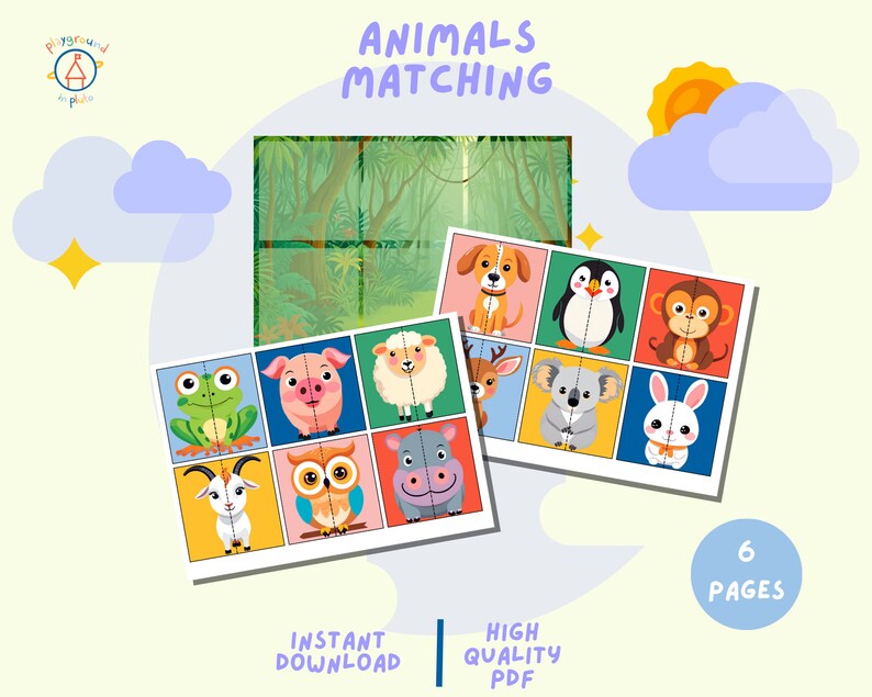 18 Animals Matching Game for Kids. Preschool Worksheets, Farm Zoo ...
