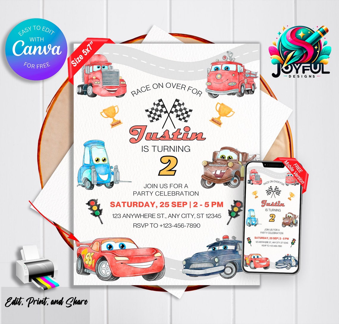 Cars Birthday Invitation: Editable & Printable Template, Lightning ...