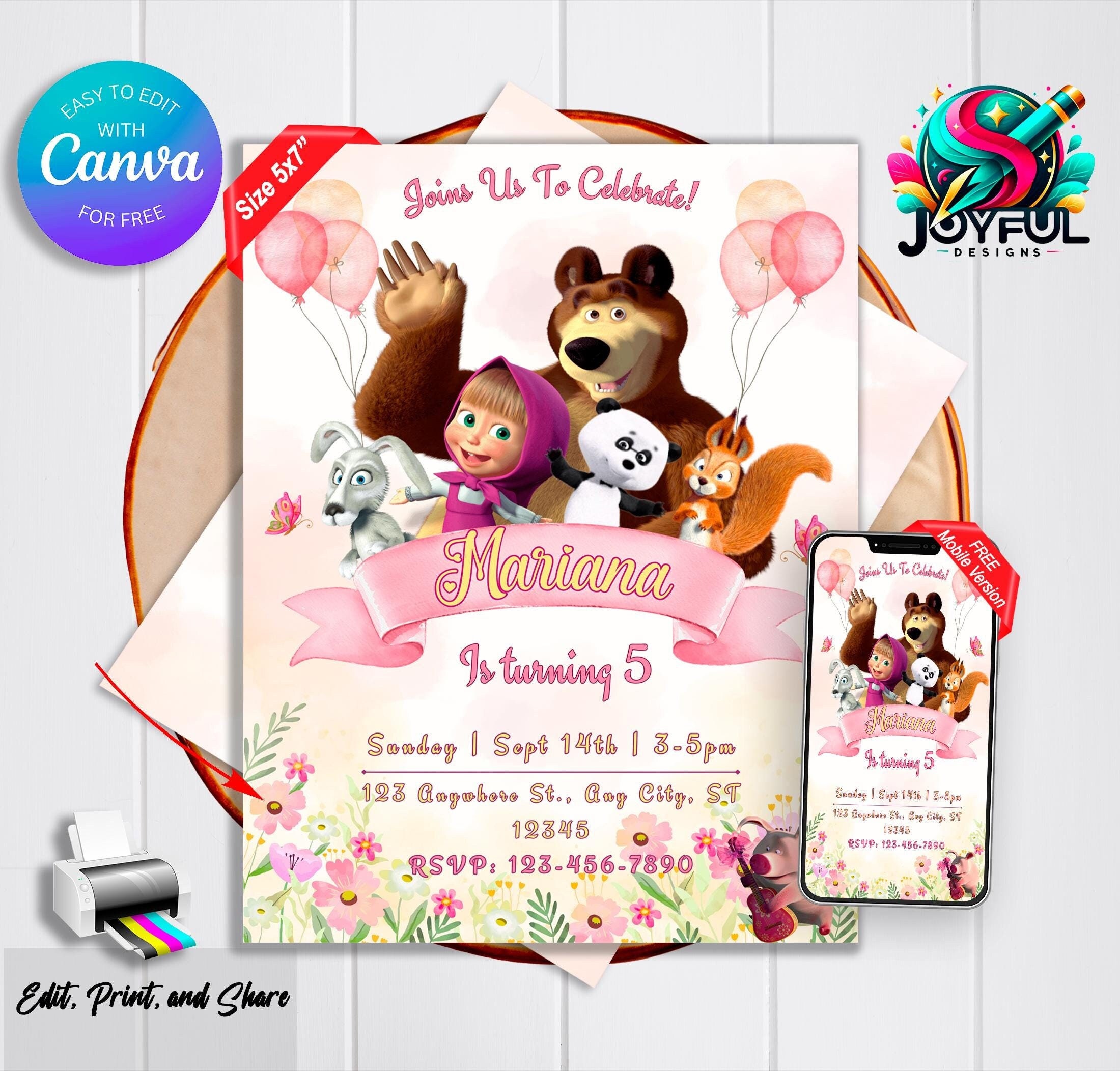 Masha and the Bear Birthday Invitation | Editable - Printable Template ...
