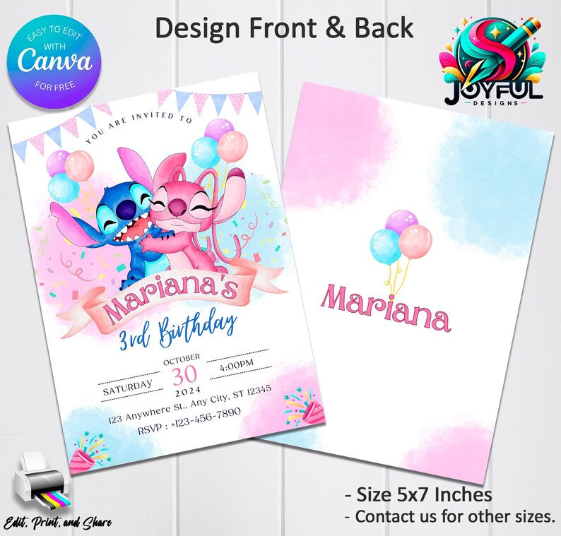Stitch and Angel Birthday Invitation: Editable & Printable Template ...