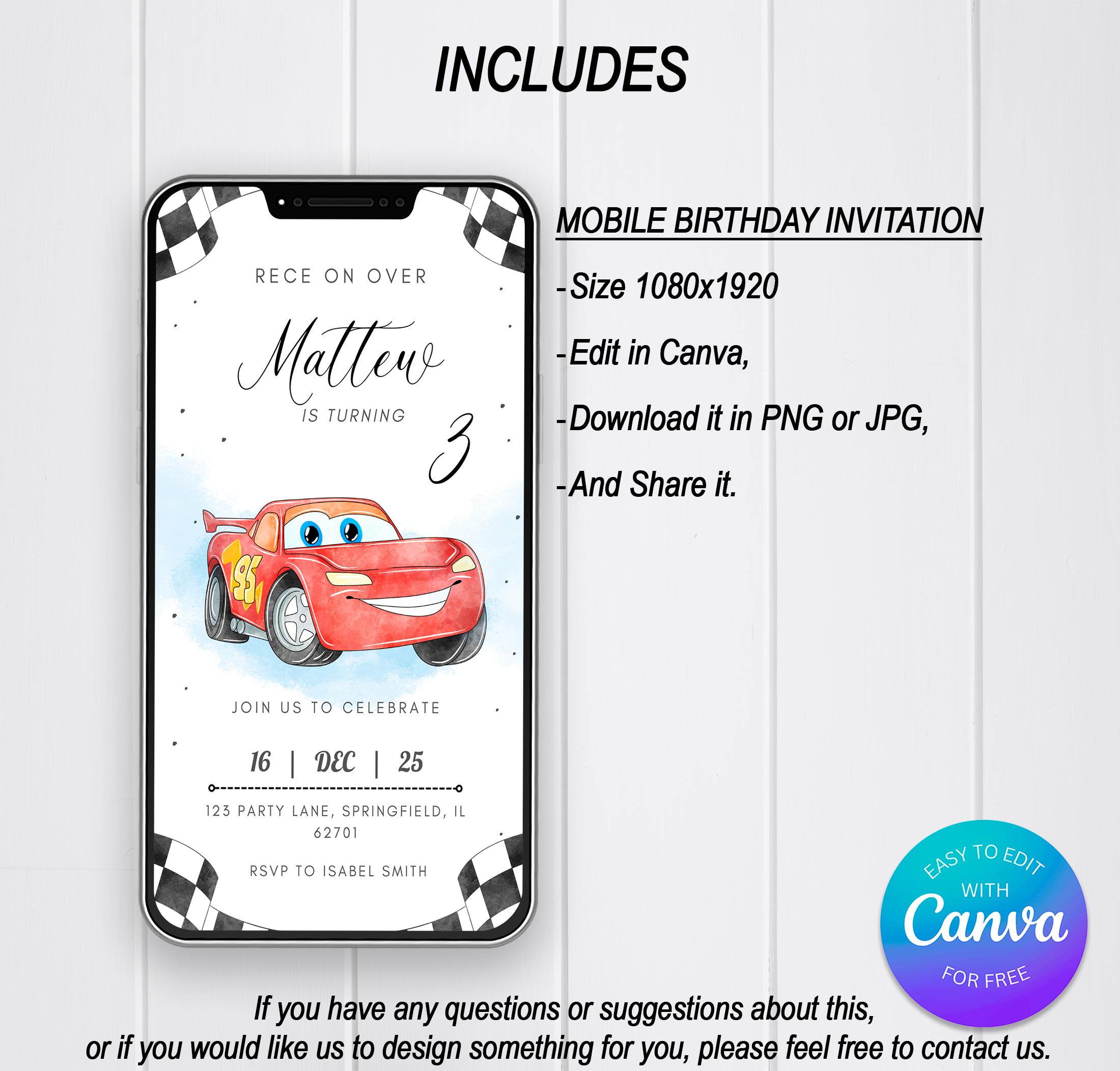 Lightning Mcqueen Birthday Invitation | Editable & Printable Template ...