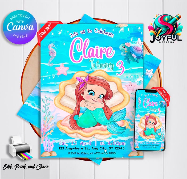 Editable the Little Mermaid Birthday Invitation | Cute Ariel Invitation ...
