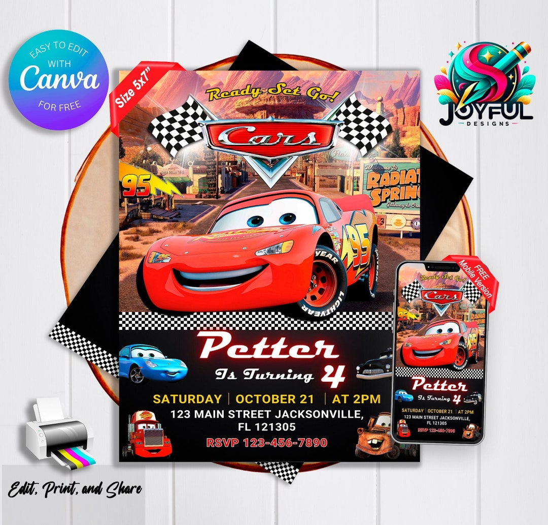 Lightning Mcqueen Birthday Invitation | Editable & Printable Template ...