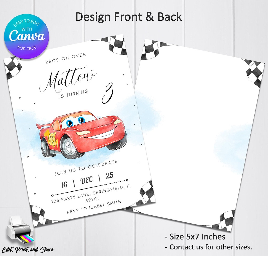 Lightning Mcqueen Birthday Invitation | Editable & Printable Template ...