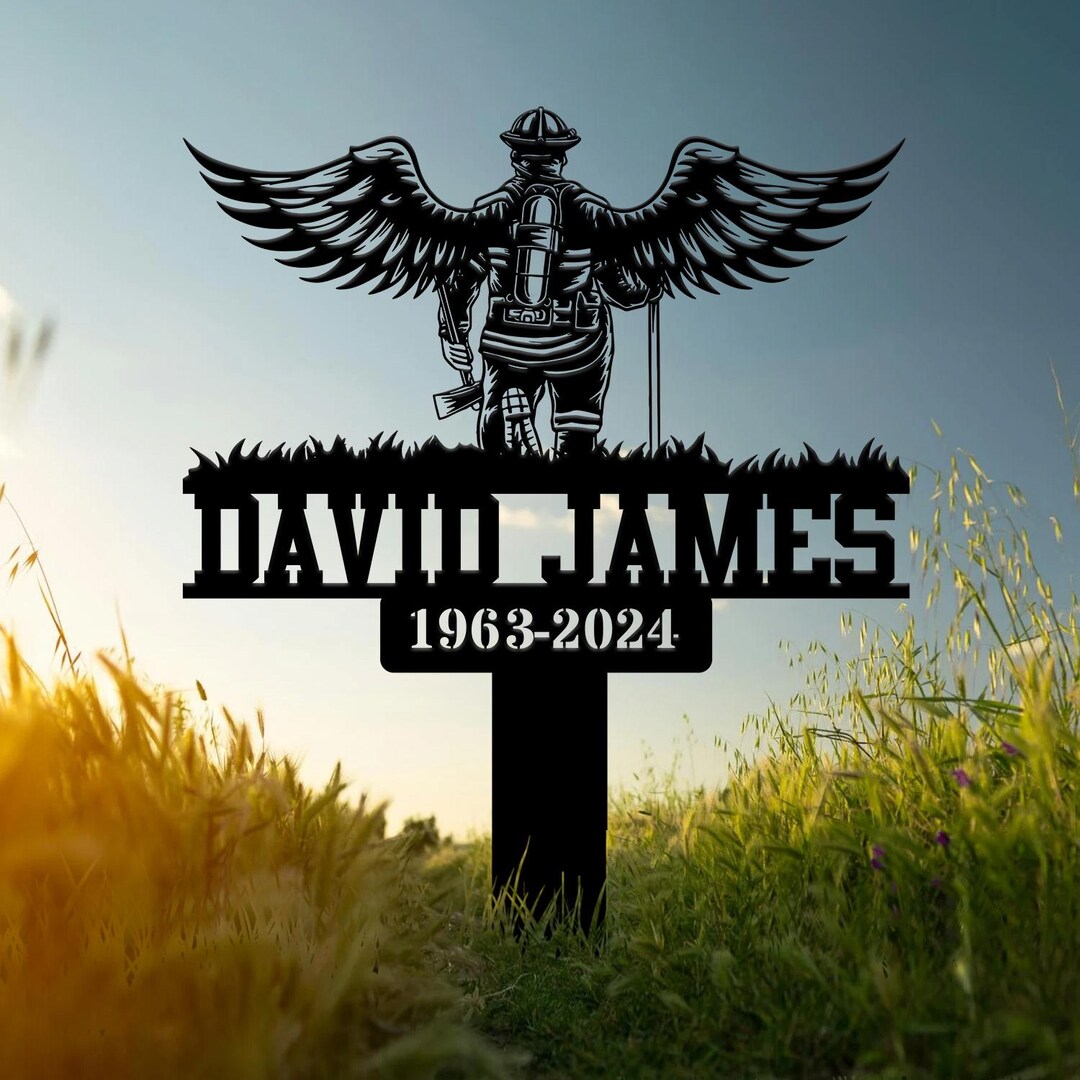 Custom Firefighter With Angels Wings Memorial Plaque Stake ...