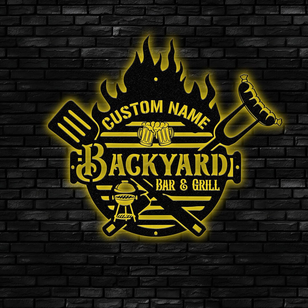 Custom Backyard Barbeque Name Sign With Led Light, Personalized Metal ...