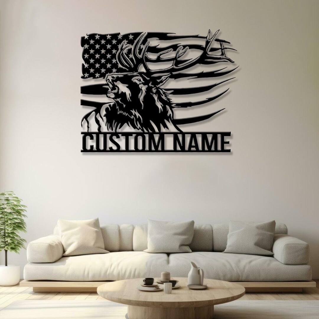 Personalized Elk US Flag LED Metal Sign Custom Deer Family Name Sign ...