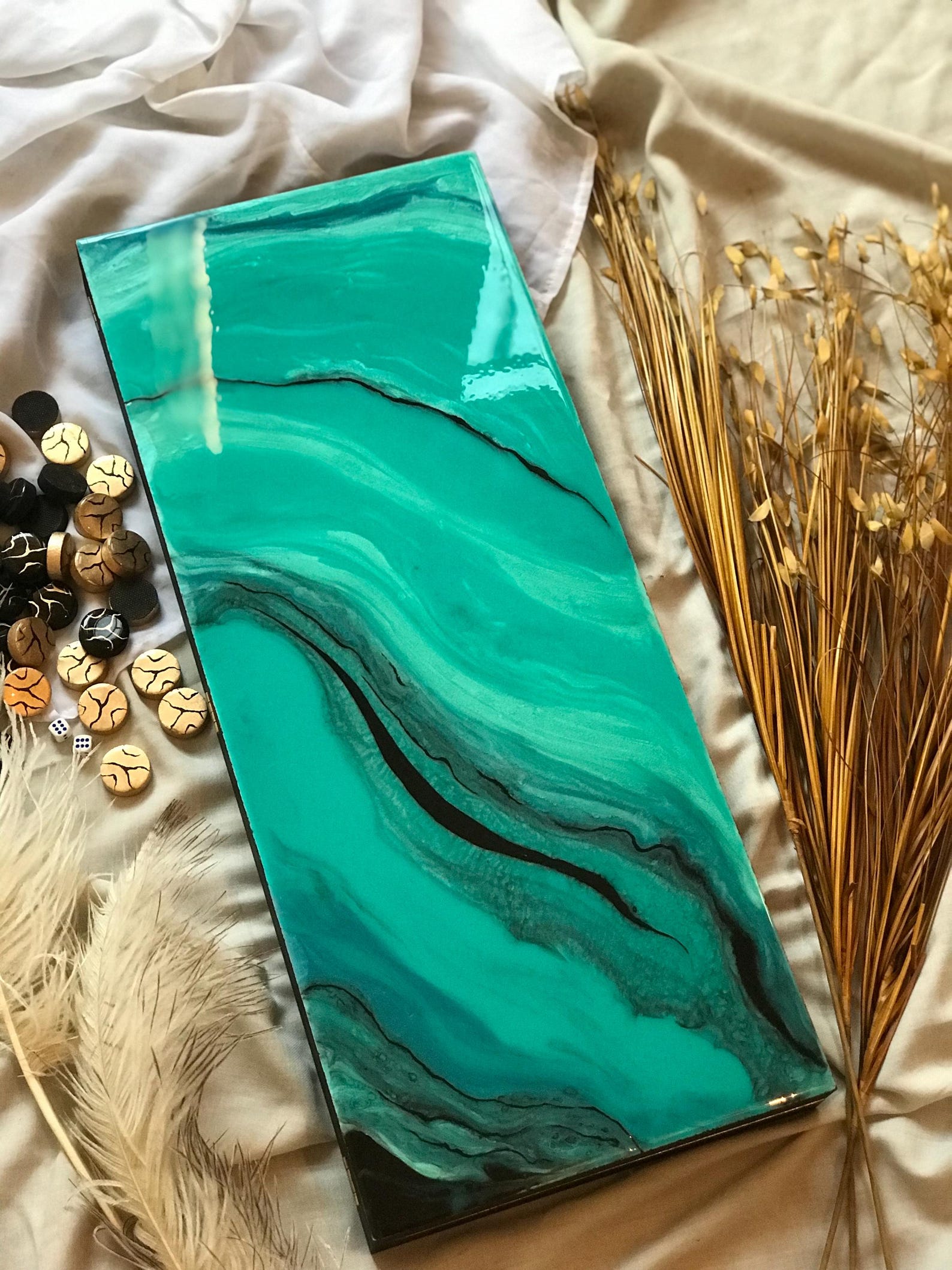 Turquoise Epoxy Backgammon Set|chips Backgammon Dices|board Game|vip ...