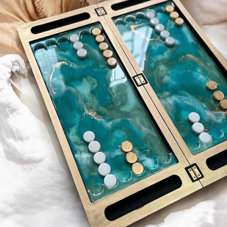 Turquoise Epoxy Backgammon Set|chips Backgammon Dices|board Game|vip Gift|epoxy Resin Pieces ...