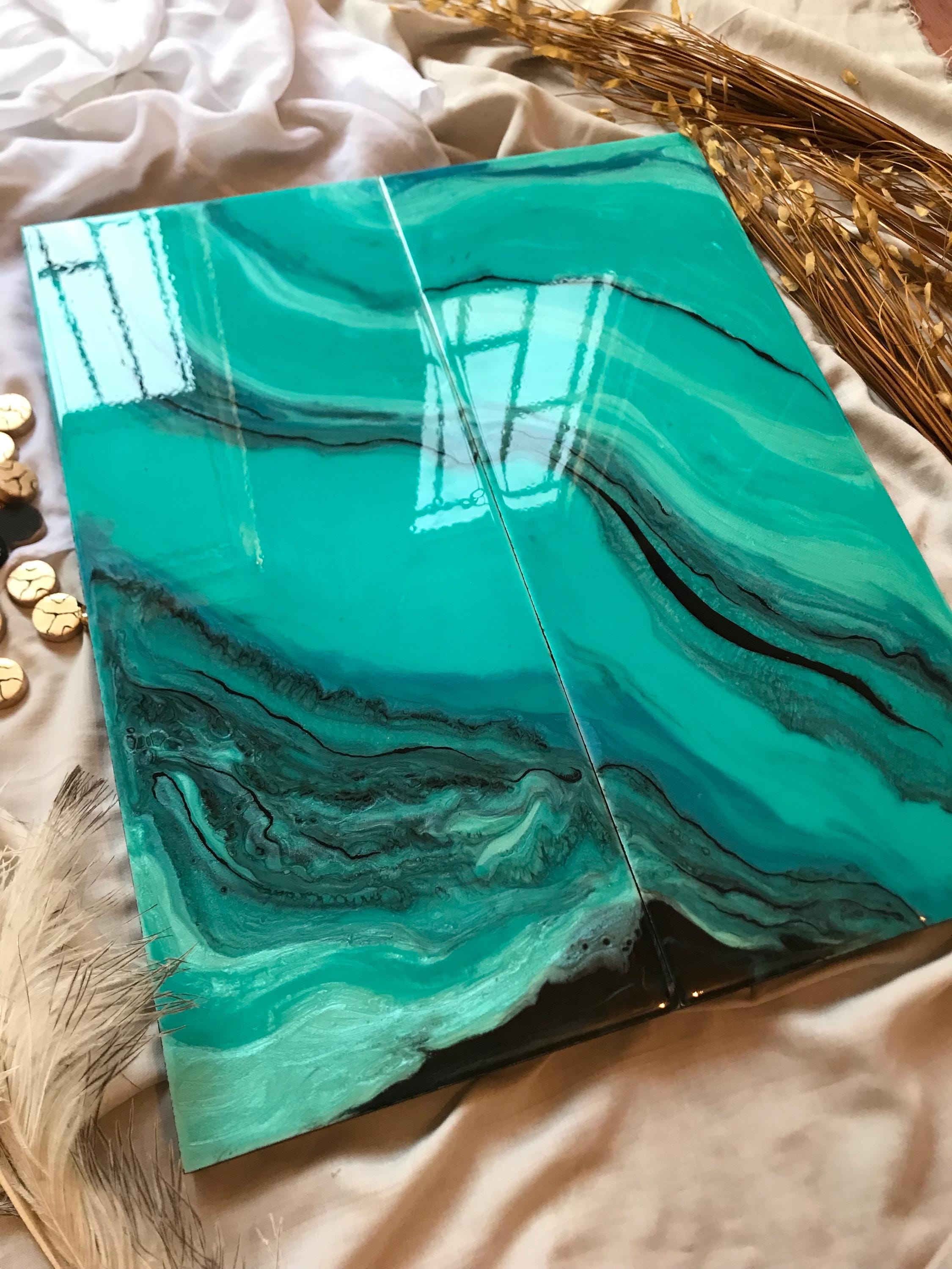 Turquoise Epoxy Backgammon Set|chips Backgammon Dices|board Game|vip ...