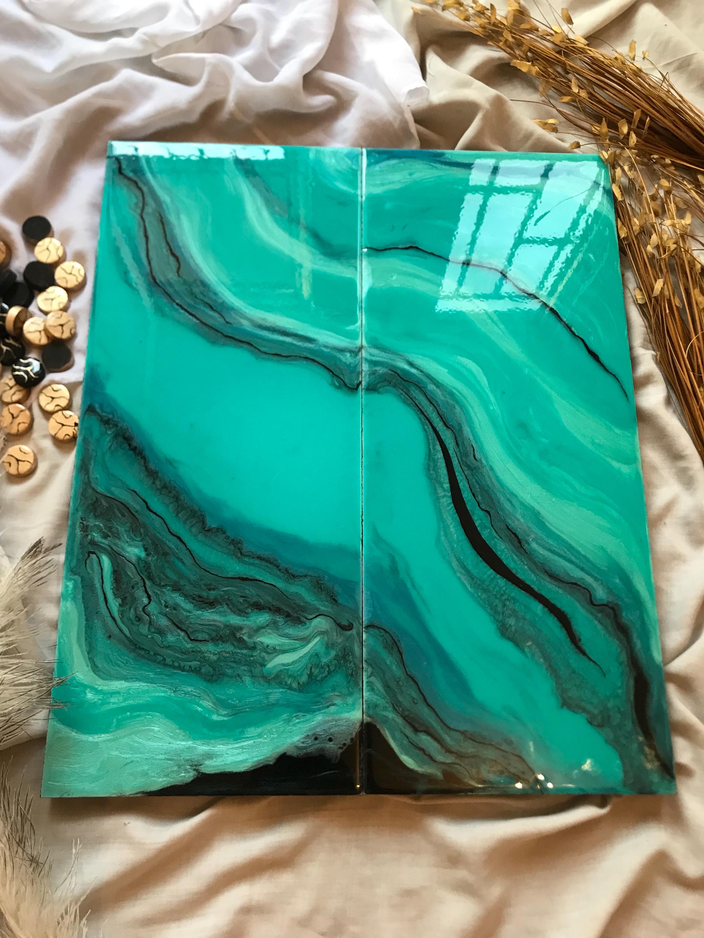 Turquoise Epoxy Backgammon Set|chips Backgammon Dices|board Game|vip ...