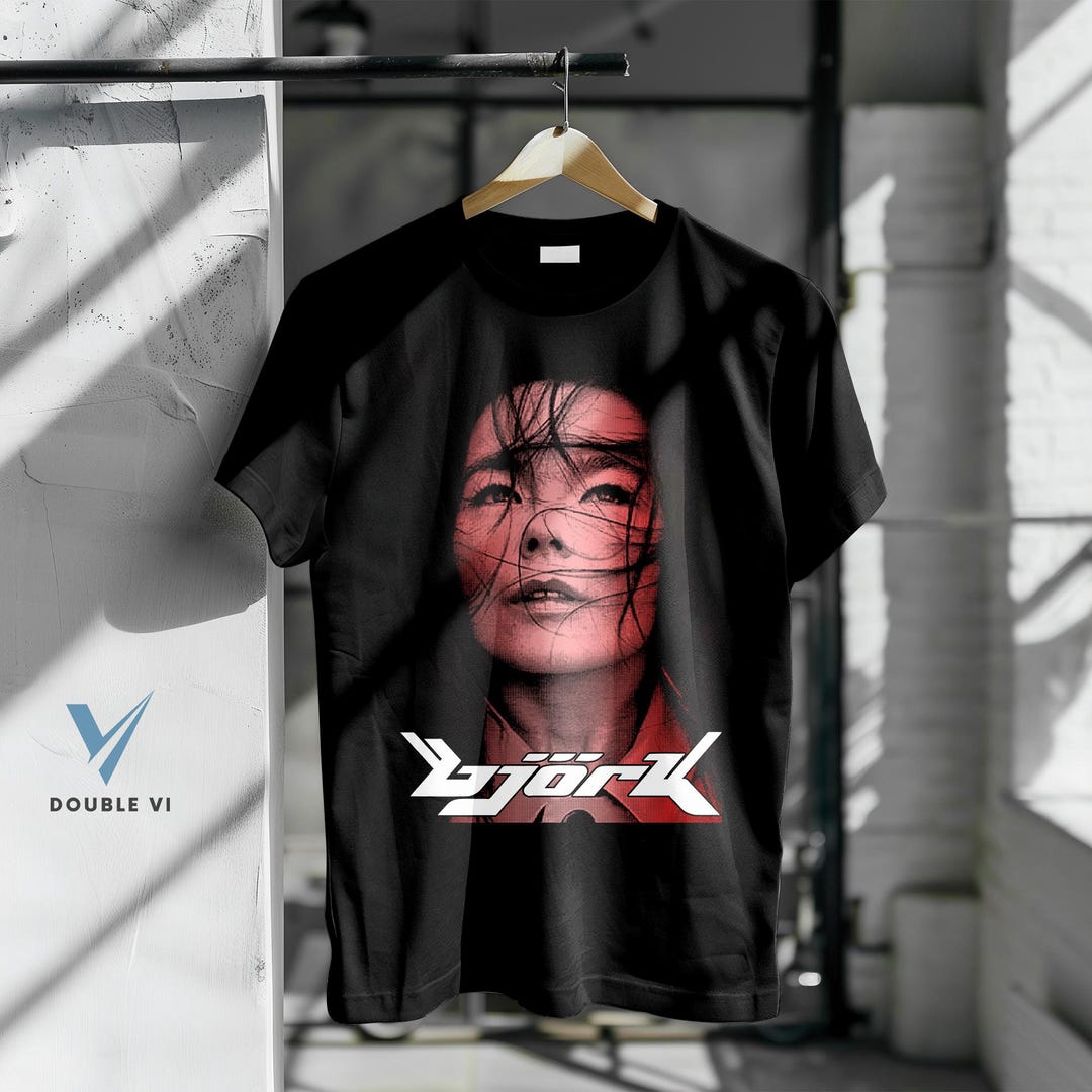 Bjork Face Graphic T-shirt – Iconic Singer Portrait Tee, Red Tone Print ...