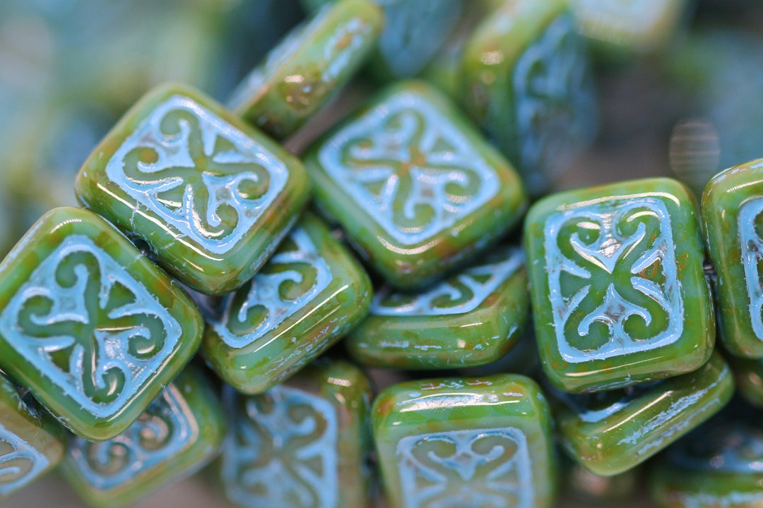 11x12mm Ornamental Rectangle Forest Green With a Turquoise Wash - Etsy